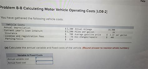 Problem 8 8 Calculating Motor Vehicle Operating Costs