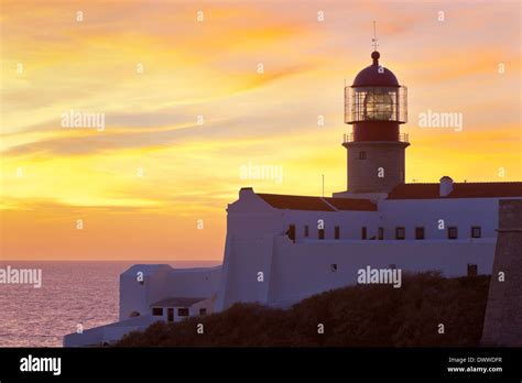 Lighthouse Of Cabo Sao Vicente Sagres Portugal At Sunset Farol Do