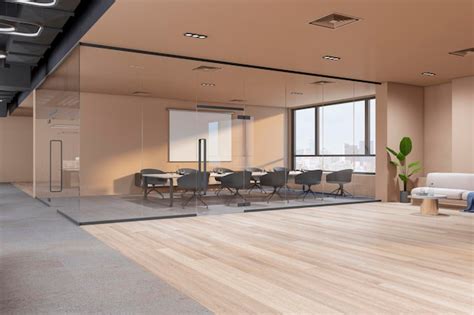 창문과 도시 전망 법률 및 법적 기업 작업 공간 개념 3d 렌더링이 있는 깨끗한 콘크리트 유리 및 목재 회의실 내부 프리미엄 사진