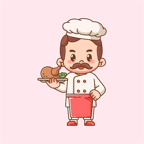 Premium Vector Cute Chef Cook Serve Chicken Food Kawaii Chibi