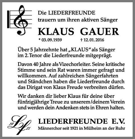Traueranzeigen Von Klaus Gauer Trauer In Nrwde