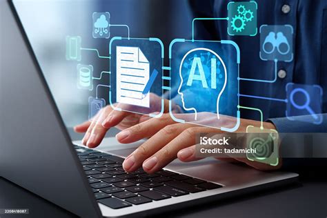 데이터를 분석하고 보고서를 생성하는 Ai 에이전트 인공 지능 및 지능형 자동화 Ia 기술 사무실 책상에서 노트북 컴퓨터를 사용하여 Ai에게 지시를 내리는 사업가 노트북에