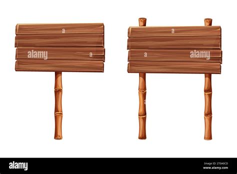 Bamboo And Wood Sign Frame With Stick And Plank In Cartoon Style