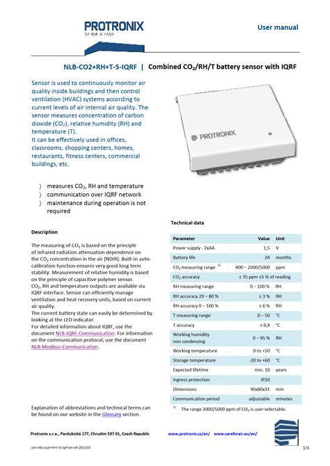 User Manual For Nlb Co2 Rh T 5 Iqrf Sensor Protronix S R O