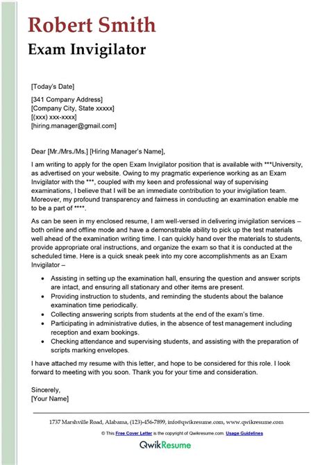 Exam Invigilator Cover Letter Example Application Letter For