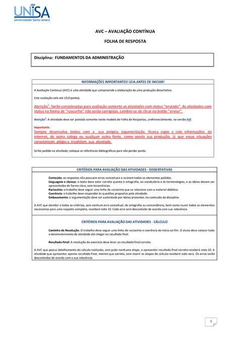 Folha de Resposta AVC 2020 Fundamentos da administração Warning TT