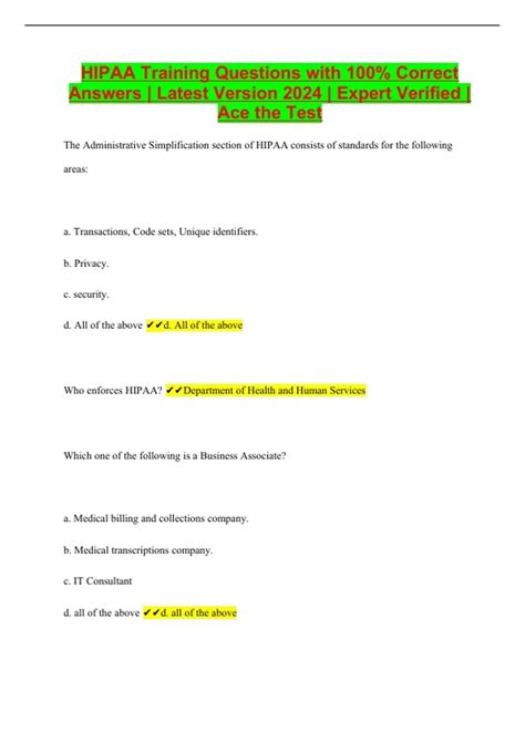 Hipaa Training Questions With 100 Correct Answers Latest Version 2024 Expert Verified Ace