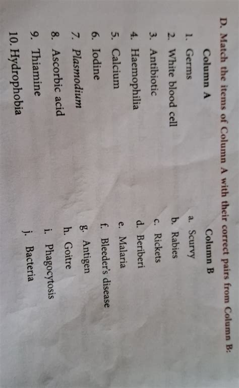 D Match The Items Of Column A With Their Correct Pairs From Column Bc
