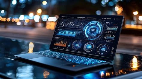 data analytics laptop with charts and graphs on screen at night