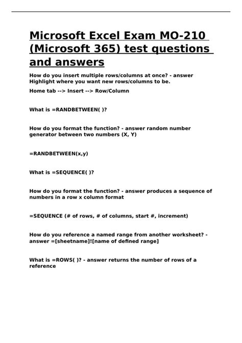 Microsoft Excel Exam Mo 210 Microsoft 365 Test Questions And Answers