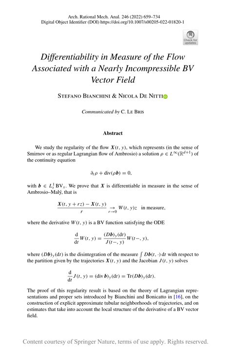 Pdf Differentiability In Measure Of The Flow Associated With A Nearly