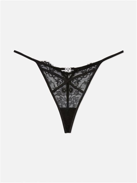 Womens Black Strap Detail Lace Thong Penneys