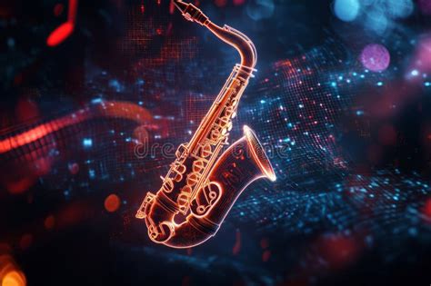 A Surreal 3d Abstract Music Background Where A Glowing Neon Saxophone Floats In A Dark