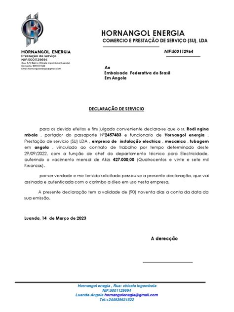 Declaração De Serviço Visto Rodi Mbala Pdf