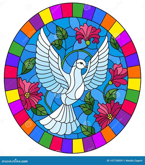 Stained Glass Illustration With Flying White Dove On Background Of Pink Flowers Oval Picture