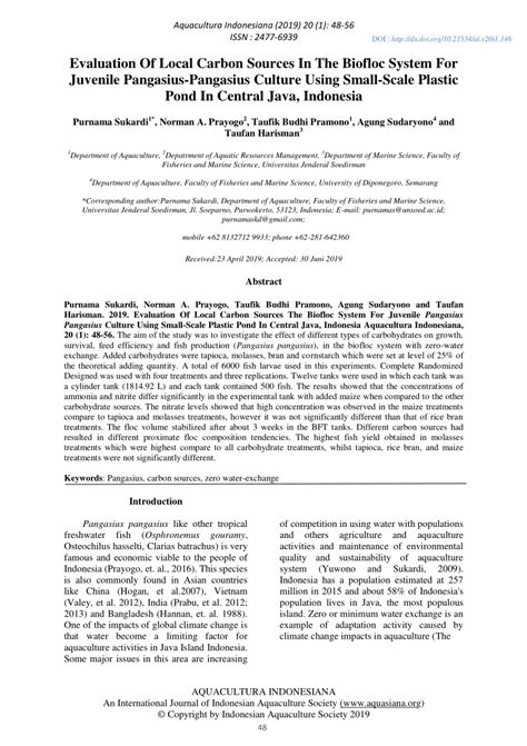 PDF Evaluation Of Local Carbon Source In The Biofloc System For Juvenile Pangasius Pangasius