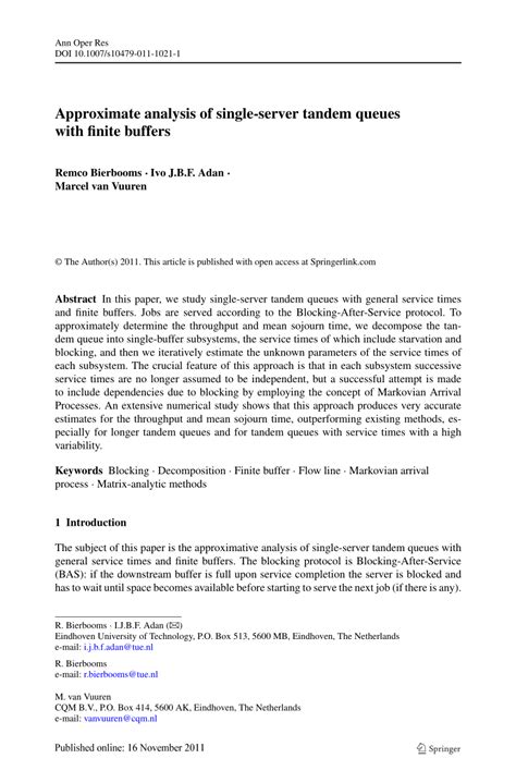 Pdf Approximate Analysis Of Single Server Tandem Queues With Finite Buffers