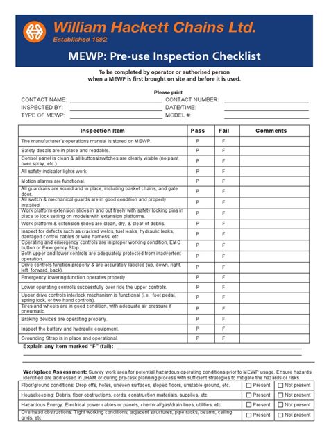 Mewp Pre Use Inspection Checklist New Pdf Manufactured Goods