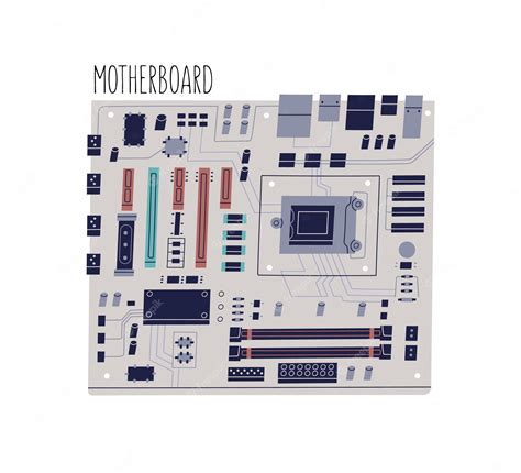 컴퓨터 마더보드 흰색 배경에 고립입니다 칩 구성 요소 연결 소켓 및 슬롯이 통합된 메인보드 또는 회로 기판 내부 Pc 하드웨어의 평면 벡터 일러스트 레이 션