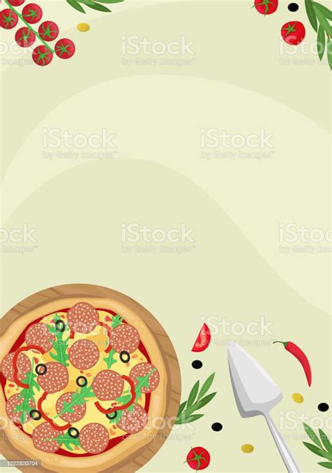 살라미 올리브 치즈를 골판지 상자에 곁들인 피자 상단에서 보기입니다 텍스트 공간이 있는 벡터 템플릿입니다 고추류에 대한 스톡 벡터 아트 및 기타 이미지 Istock