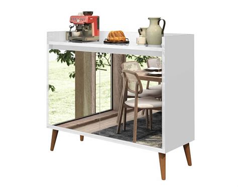 Buffet Aparador Retrô Espelho Delux Portas Branco Gloss MoveisAqui
