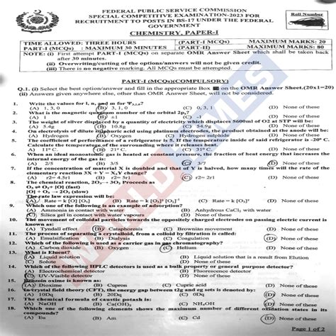 Css Special Competitive Examination Paper 2023 Chemistry Paper I
