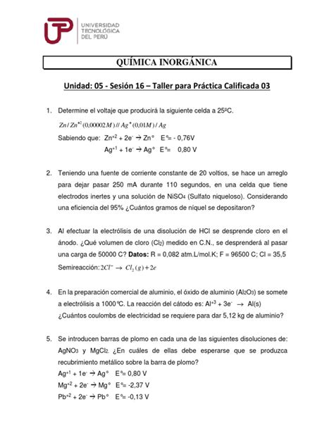 T Sem 16 Ses 16 Taller Calificado 03 Electroquímica Pdf Rieles