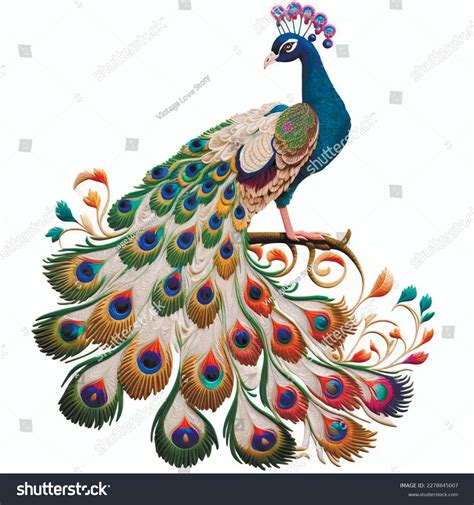 Ornamental Beautiful Textured Peacock Embroidery Style Stock Vector