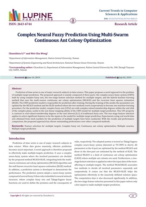 Pdf Complex Neural Fuzzy Prediction Using Multi Swarm Continuous Ant Colony Optimization
