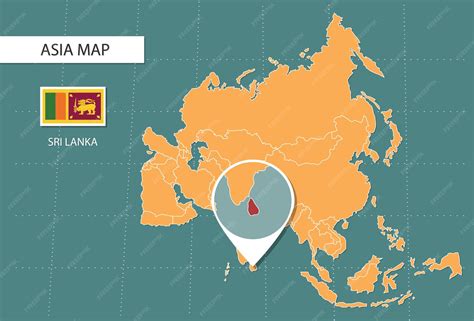스리랑카 위치 및 플래그를 표시하는 아시아 줌 버전 아이콘의 스리랑카 지도 프리미엄 벡터