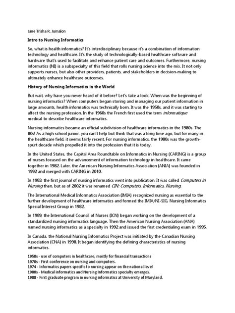 Nursing Informatics History Pdf Health Informatics Nursing