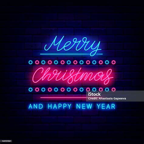 메리 크리스마스와 새해 복 많이 받으세요 네온 간판 가벼운 글자 빛나는 인사말 카드 벡터 스톡 일러스트레이션 개념에 대한 스톡