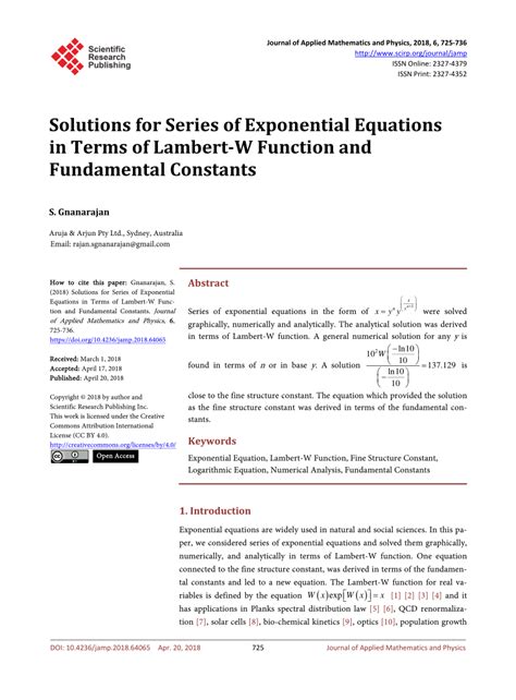 Pdf Solutions For Series Of Exponential Equations In Terms Of Lambert W Function And