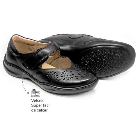 Sapatilha Feminina Confortável Com Velcro Preto Levecomfort 10001