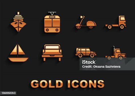 セットピックアップトラック配達貨物車オフロードヨットヨットや帆船スクーター貨物とトラムと鉄道のアイコンベクトル アイコンのベクターアート