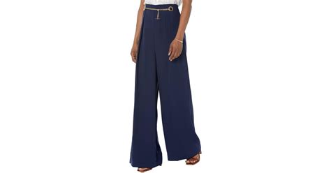 Lauren By Ralph Lauren Pleated Georgette Belted Wide Leg Pants In Blue