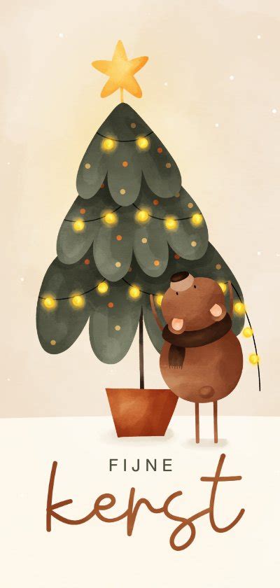 Kerstkaart Illustratie Beertje En Kerstboom Met Kaartje2go
