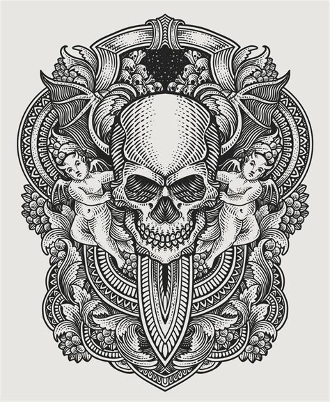 Illustration Skull And Demon With Antique Engraving Ornament Hand Drawn