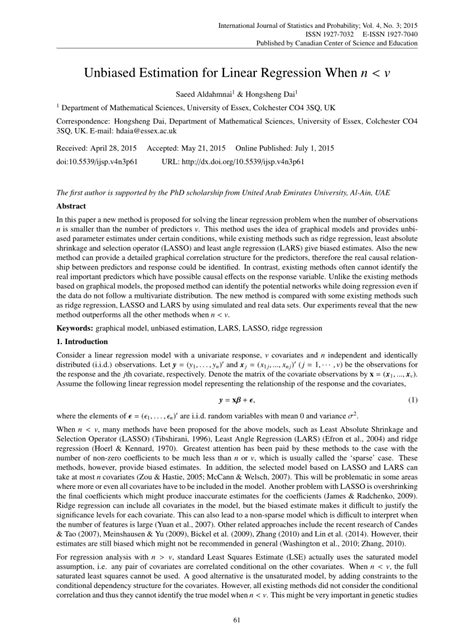 Pdf Unbiased Estimation For Linear Regression When N