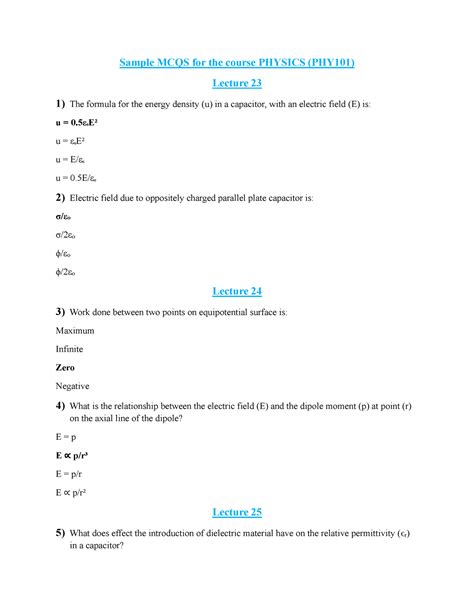 MCQS For Session Mcqs Phy101 Final Term Sample MCQS For The Course PHYSICS PHY101 Lecture