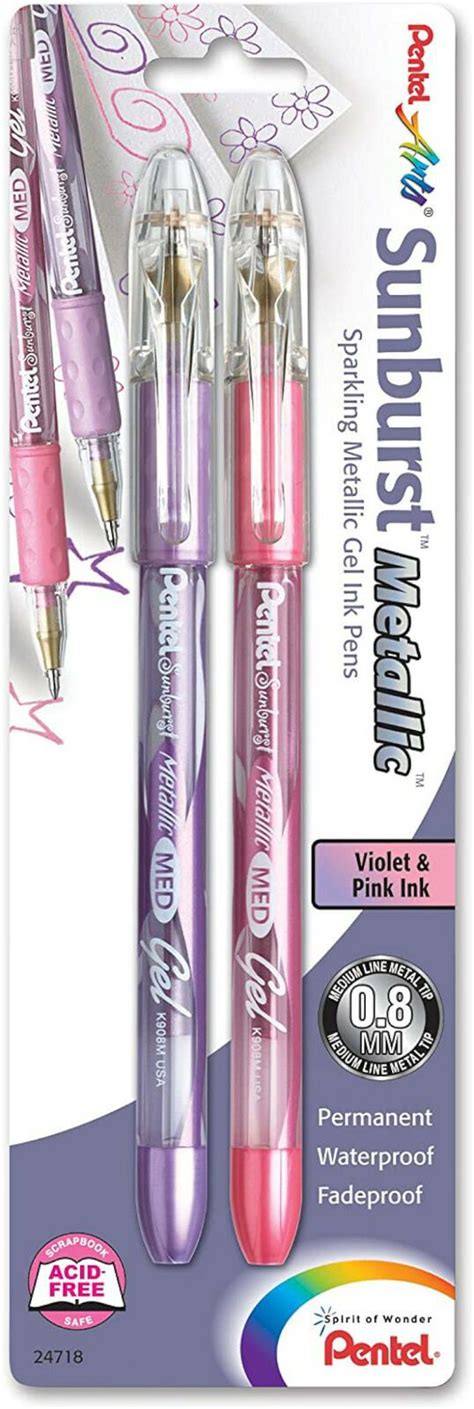 New Pentel Arts 2 Pack Sunburst Metallic Gel Pens Pink And Violet Ink