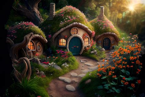 Premium Photo Hobbit Houses In Fantasy Forest Generative Ai Fairy