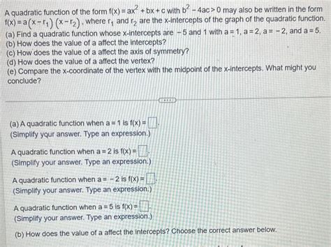 solved a quadratic function of the form f x ax2 bx c with