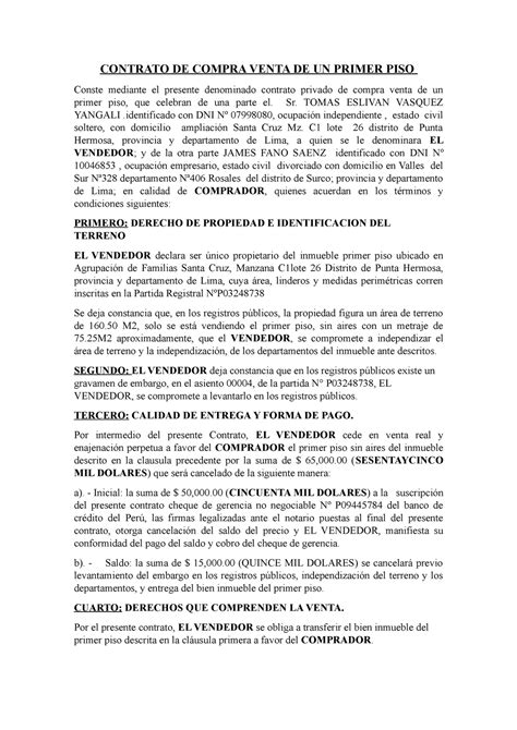 Contrato De Compra Venta Tarea Contrato De Compra Venta De Un Primer