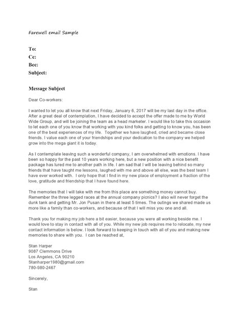 Sample Goodbye Letter To Boss After Resignation Email Coworkers
