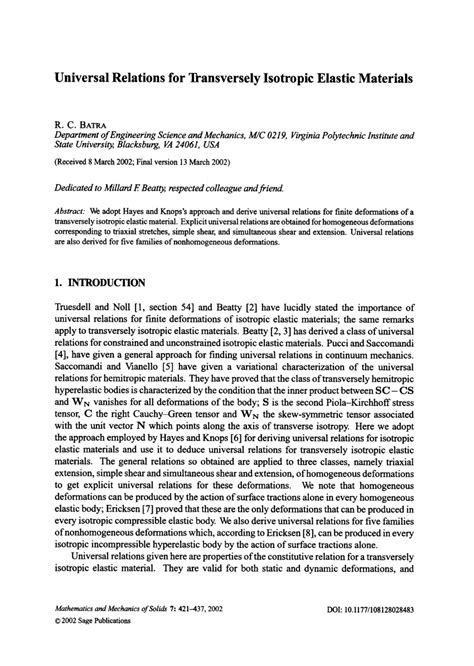 Pdf Universal Relations For Transversely Isotropic Elastic Materials
