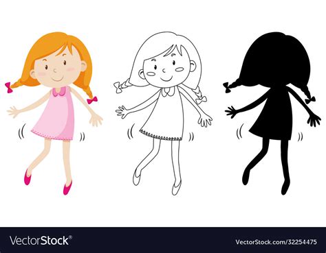 Happy Cute Girl With Its Outline And Silhouette Vector Image