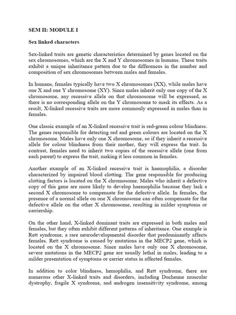Sex Linked Characters Sex Limited And Sex Influenced Characters Sem 2 Pdf Mutation
