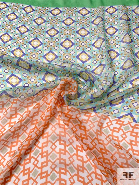 Italian Geometric Lattice Silk Chiffon Panel Orangeaquamarinetan
