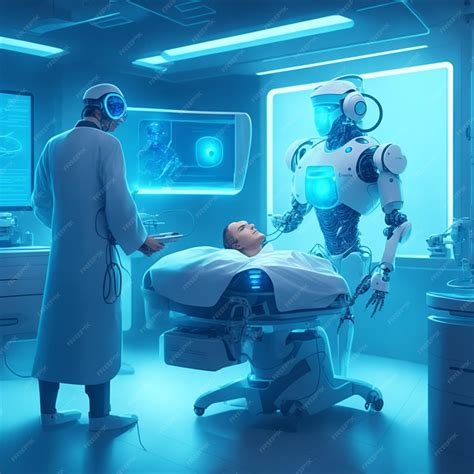 Premium Ai Image A Robot In A Room With A Man In A Helmet Standing In